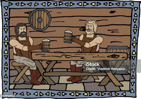양식화된 프레임에서 마시는 중세 맥주의 그림 중세 대장간 맥주 레크리에이션 근면 사용 준비 Eps 당신의 디자인을 위해 연회에 대한 스톡 벡터 아트 및 기타 이미지 Istock