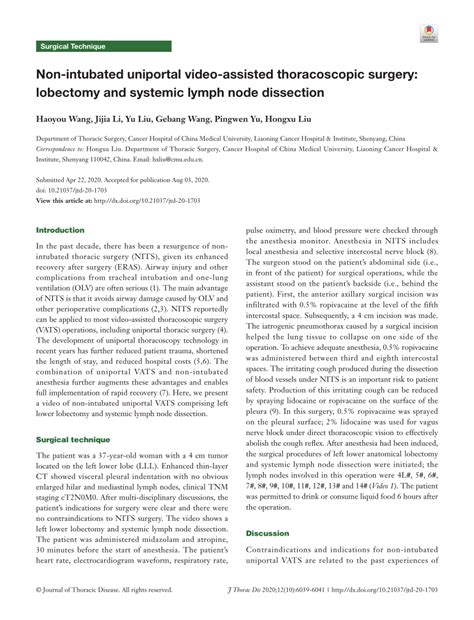 Pdf Non Intubated Uniportal Video Assisted Thoracoscopic Surgery Lobectomy And Systemic Lymph