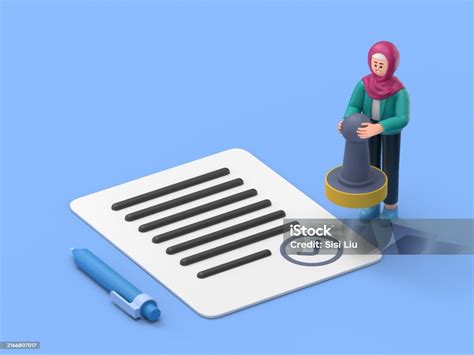 파란색 배경에 아이소 메트릭 3d 그림 문서 승인 종이 문서와 펜 근처에 손에 스탬프를 들고 웃는 아랍 여성 갈리야의 3d 그림