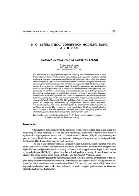 Pdf H2 O2 Supercritical Combustion Modeling Using A Cfd Code