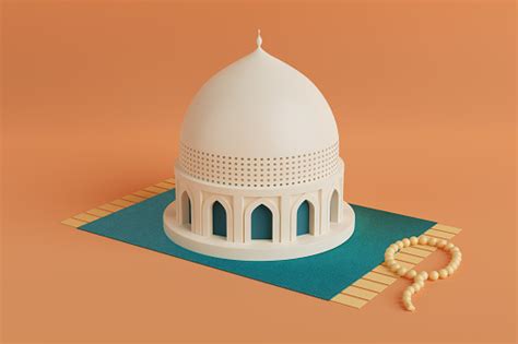 영성과 예배 개념 기도 깔개와 Tasbih가 있는 양식화된 모스크 3d 렌더링 3차원 형태에 대한 스톡 사진 및 기타 이미지 3차원 형태 건축 기도하기 Istock