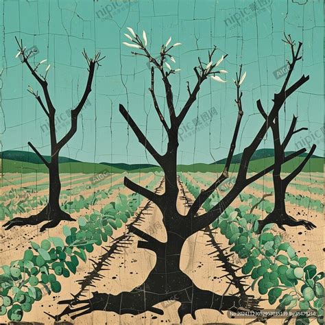 Ai创作图干旱的果园 种旱地 土壤龟裂图 农田干旱龟裂图 土壤开裂图 干旱海报 土地干旱图 豆角地插图 防旱 龟裂的土地 土壤干旱开裂图 地表干旱开裂图 干旱地树苗 枣林插画 土地干旱素材图
