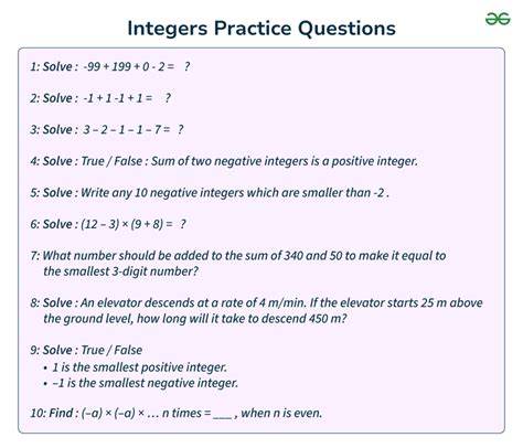 Integers Practice Questions Solved And Unsolved Geeksforgeeks
