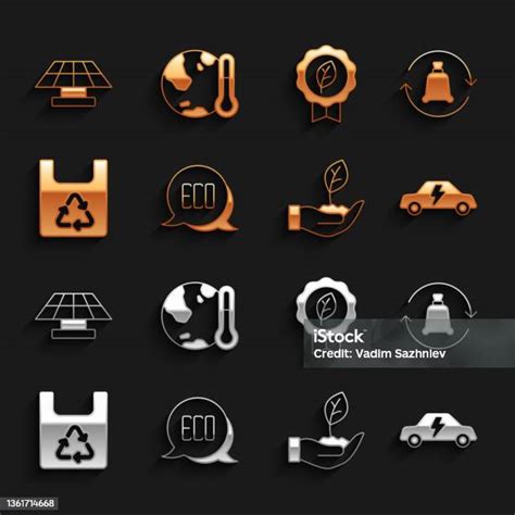 세트 리프 에코 기호 재활용 쓰레기 봉투 전기 자동차 손에 공장 쇼핑 태양 에너지 패널과 지구 온난화 아이콘에 녹아 벡터 검은색에 대한 스톡 벡터 아트 및 기타 이미지