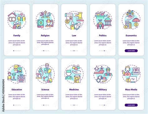 Social Institutions Onboarding Mobile App Screen Set Walkthrough 5 Steps Graphic Instructions