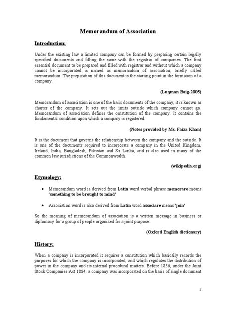 Memorandum Of Association Articles Of Association Companies