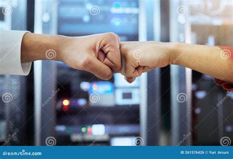 Fist Bump Coding Teamwork And Programming Server Room Of Cyber Data