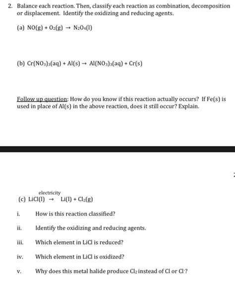 Solved 2 Balance Each Reaction Then Classify Each