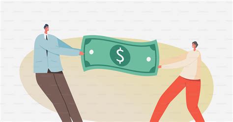 남자와 여자는 돈 개념을 위해 투쟁한다 달러 지폐를 당기는 남성과 여성 캐릭터는 리더십과 양성 평등 경력 경쟁 급여를 위해 싸웁니다 만화 사람들 벡터 일러스트레이션