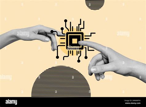Collage Photo Illustration Of Modern Microchip Processor Point Fingers New Technology In