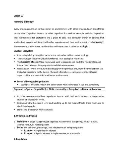 Lesson 03 Hierarchy Of Ecology Pdf Ecosystem Forests