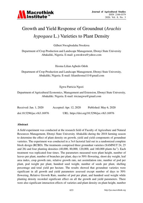Pdf Growth And Yield Response Of Groundnut Arachis Hypogaea L Varieties To Plant Density