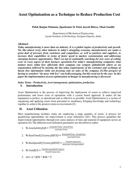 Pdf Asset Optimization As A Technique To Reduce Production Cost