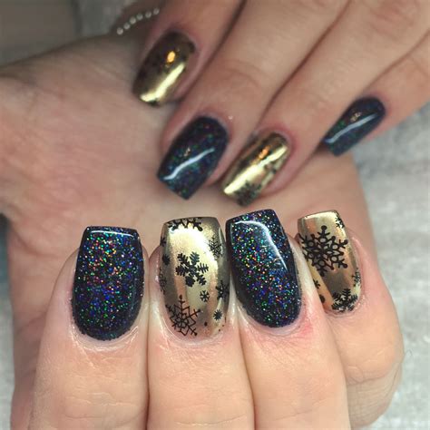 Gold Chrome And Black Glitter Christmas Nails With Snowflakes Red