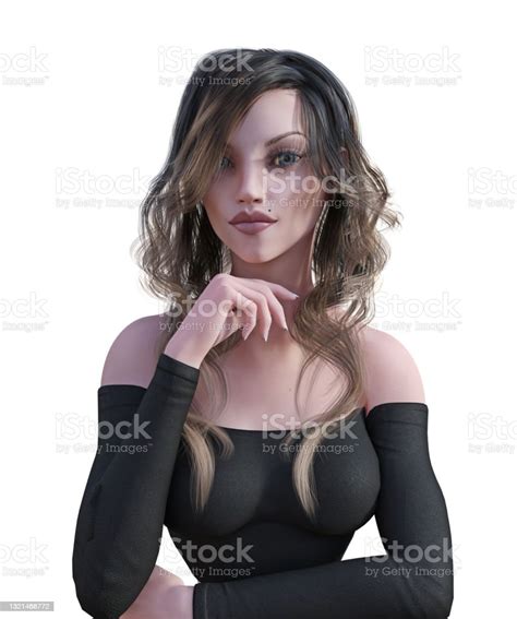 밝은 갈색 머리와 흰색 배경에 펜션 표정을 가진 여자의 그림 자기 성찰에 대한 스톡 사진 및 기타 이미지 자기 성찰 한