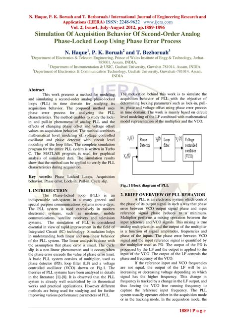 PDF Simulation Of Acquisition Behavior Of Second Order Analog Phase Locked Loop Using Phase