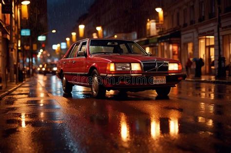 Oncoming Traffic Vintage Classic Car In The City At Night With