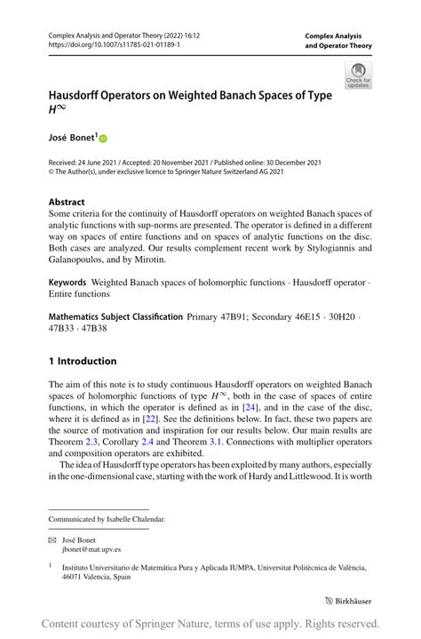 Hausdorff Operators On Weighted Banach Spaces Of Type H Infty Request Pdf