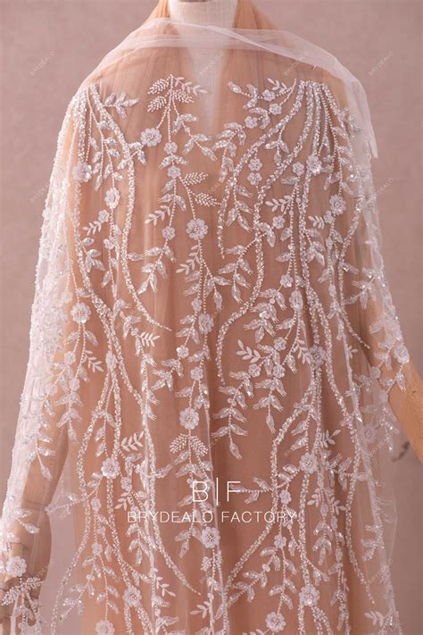 Matte Cream White Sequin Beading Flower Lace Fabric