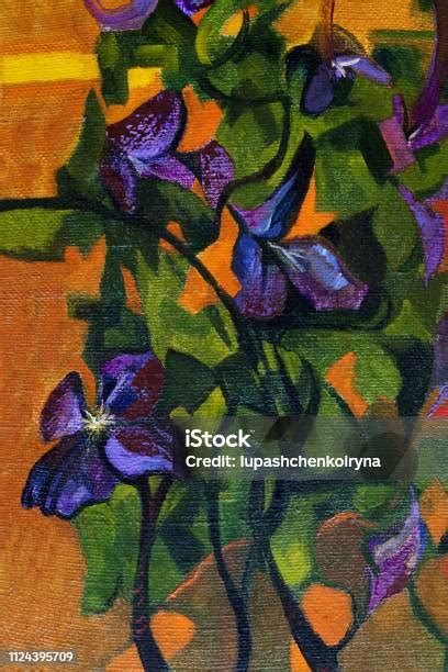 패션 일러스트 레이 션 현대 미술 보라색 클레 마티스의 캔버스 수직 여름 화창한 장식 풍경 꽃 나무에 내 원래 유화 작품 개성