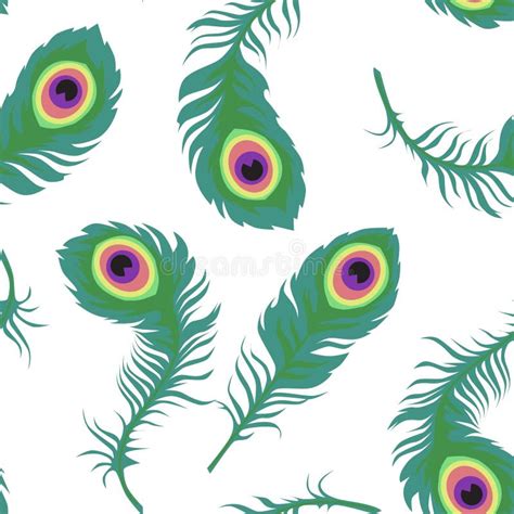 Green Peacock Feathers On White Seamless Pattern Cartoon Vector Stock Vector Illustration Of