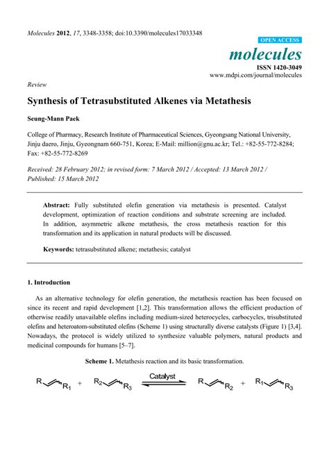 Pdf Synthesis Of Tetrasubstituted Alkenes Via Metathesis