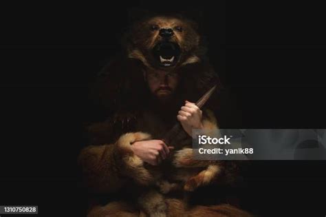곰의 피부에 있는 수컷 주술사 늑대인간이 어두운 방에 앉아 반사합니다 곰 머리와 그의 손에 오래된 녹슨 블레이드와 고대 전사 고대의에 대한 스톡 사진 및 기타 이미지