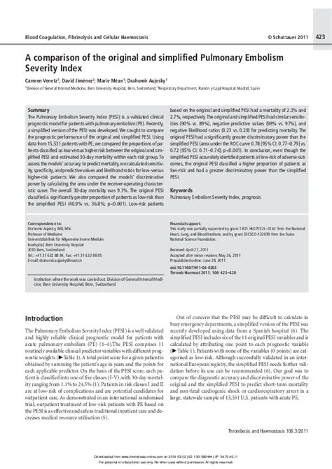 Pdf A Comparison Of The Original And Simplified Pulmonary Embolism Severity Index David