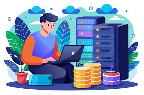 A Man Is Engaged In Backing Up A Database Using A Laptop In A Vibrant Office Filled With Plants