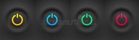 Set Of Black Round Buttons With Colored Power Symbols User Interface