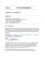 CSC Lesson Docx CSC PYTHON PROGRAMMING LESSON LISTS PART OBJECTIVES In This