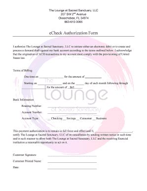 Fillable Online ECheck Authorization Form The Lounge At Sacred Sanctuary Fax Email Print