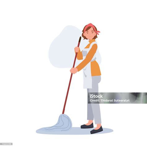 전문 클리너 가정부로 일하는 아가씨가 걸레로 바닥을 청소하고 있습니다 평면 벡터 그림 가사 집안일에 대한 스톡 벡터 아트 및 기타 이미지 가사 집안일 가정 생활
