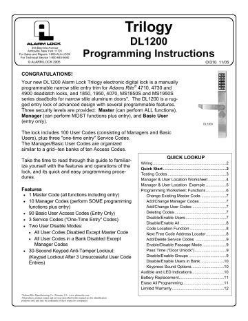 Alarm Lock Trilogy Dl1200 Programming Instructions Manual Manualzz