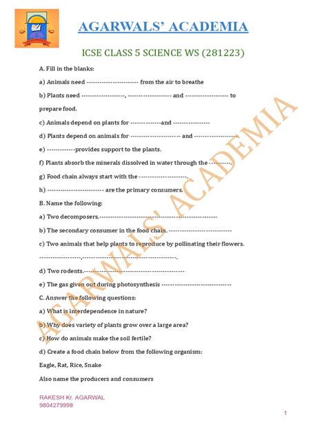 Icse Class 5 Science Interdependence In Living Beings Ws Pdf