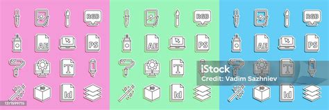 세트 줄 레이어 마커 펜 Ps 파일 문서 페인트 브러시 Ae 파일 스프레이 캔 파이펫 및 노트북 및 커서 아이콘 벡터 3차원