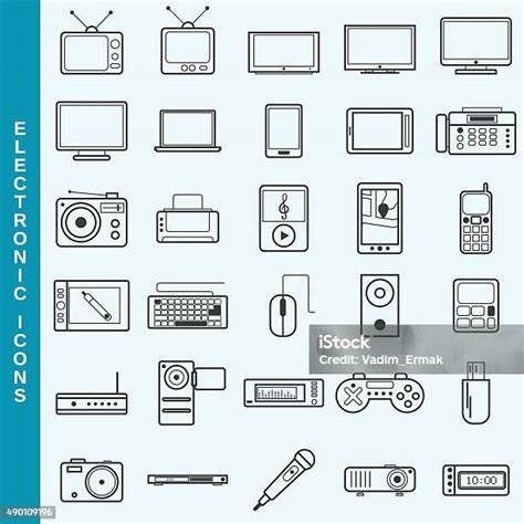 여윔 꺾은선형 전자 기기 벡터 아이콘 세트 2015년에 대한 스톡 벡터 아트 및 기타 이미지 2015년 가정용 캠코더 노트북 Istock