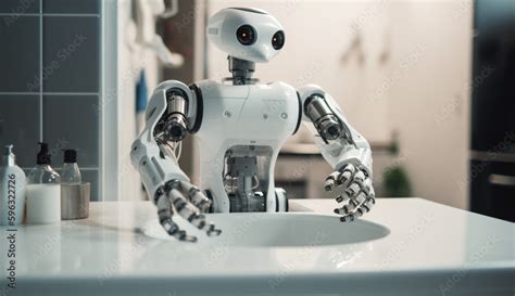 Ai Chatbot Robot Assistant Sitting At Desk Using Computer As Artificial Intelligence Business