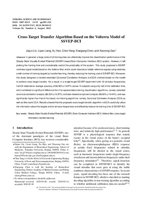 Pdf Cross Target Transfer Algorithm Based On The Volterra Model Of Ssvep Bci