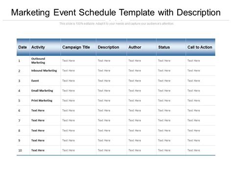 Marketing Event Schedule Template With Description Ppt Powerpoint Presentation Slides Influencers