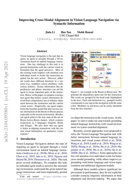 Improving Cross Modal Alignment In Vision Language Navigation Via Syntactic Information Deepai