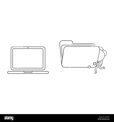 Vector Illustration Businessman Character Walking And Carrying Open File Folder To Laptop