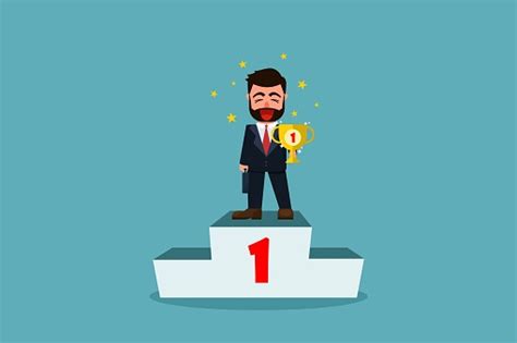 연단에서 트로피를 들고 있는 행복한 사업가 경쟁에서 이기는 사업가 비즈니스 경력 성공 개념과 승리의 자부심 벡터 일러스트 레이 션 Championship에 대한 스톡 벡터