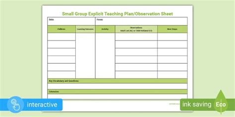 Editable EYLF Small Group Explicit Teaching Planning Template
