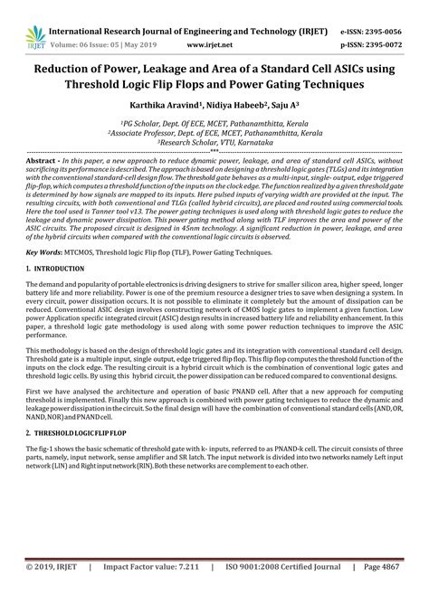 Irjet Reduction Of Power Leakage And Area Of A Standard Cell Asics Using Threshold Logic Flip