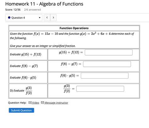Solved Homework 11 Algebra Of Functions Score 12 362 6