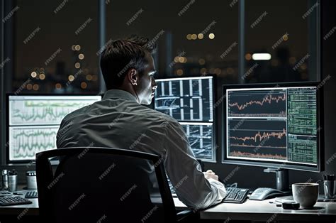 Businessman Analyzing Stock Market Data On Multiple Computer Screens In Office At Night