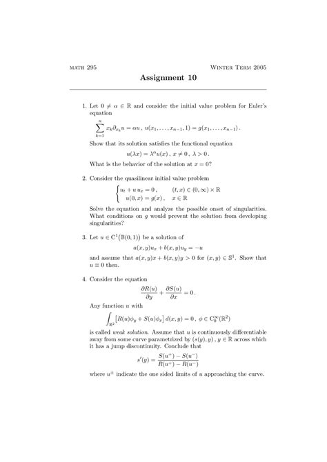 Homework 10 Practice Partial Differential Equations Math 295 Docsity