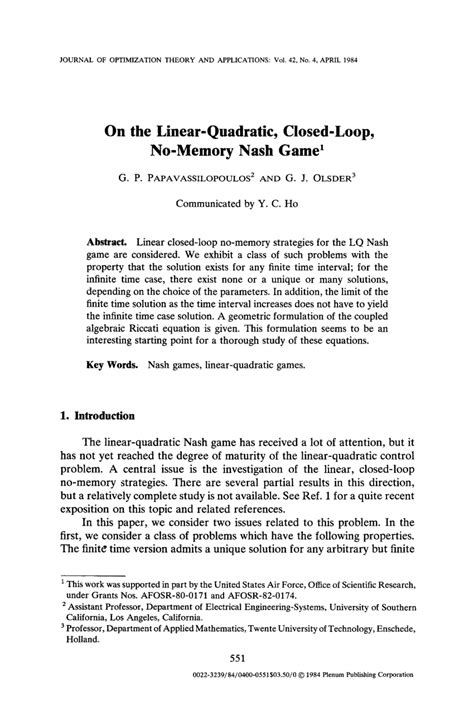 Pdf On The Linear Quadratic Closed Loop No Memory Nash Game