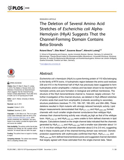Pdf The Deletion Of Several Amino Acid Stretches Of Escherichia Coli Alpha Hemolysin Hlya